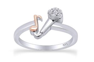 round white natural diamond accent mic & music note two tone ring 14k white gold over sterling silver