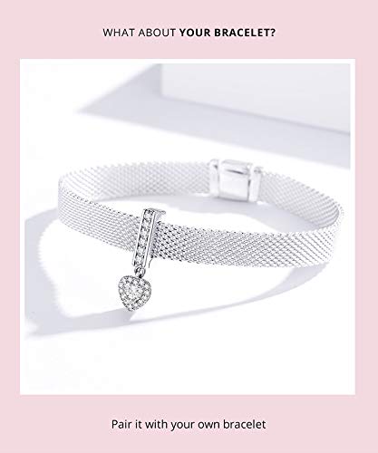 MEETCCY 925 Sterling Silver Reflexions Bracelet for Women Mesh Bracelet Clip Beads Safe Chain.Birthday Christmas for Friends Mothers Wife and Daughters (Love Heart Charms)