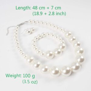 Daimay Large Big Simulated Pearl Statement Women's Faux Pearl Crystal Choker 19" Necklace Bracelet and Earrings Jewelry Set Round Beads Turquoise Necklace Bib for Brides Wedding Party – White