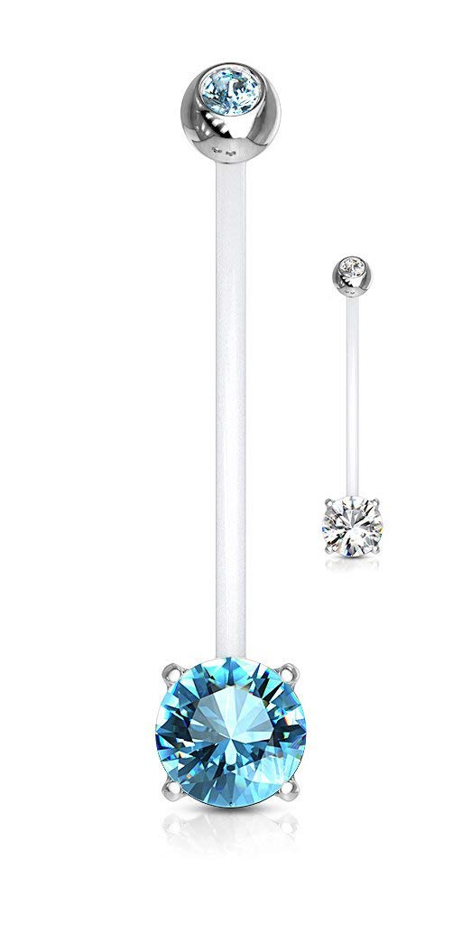 Forbidden Body Jewelry 14G 1" Pregnancy Bioflex Adjustable & Flexible Double Jeweled CZ Maternity Belly Ring, Clear/Aqua (2pc)