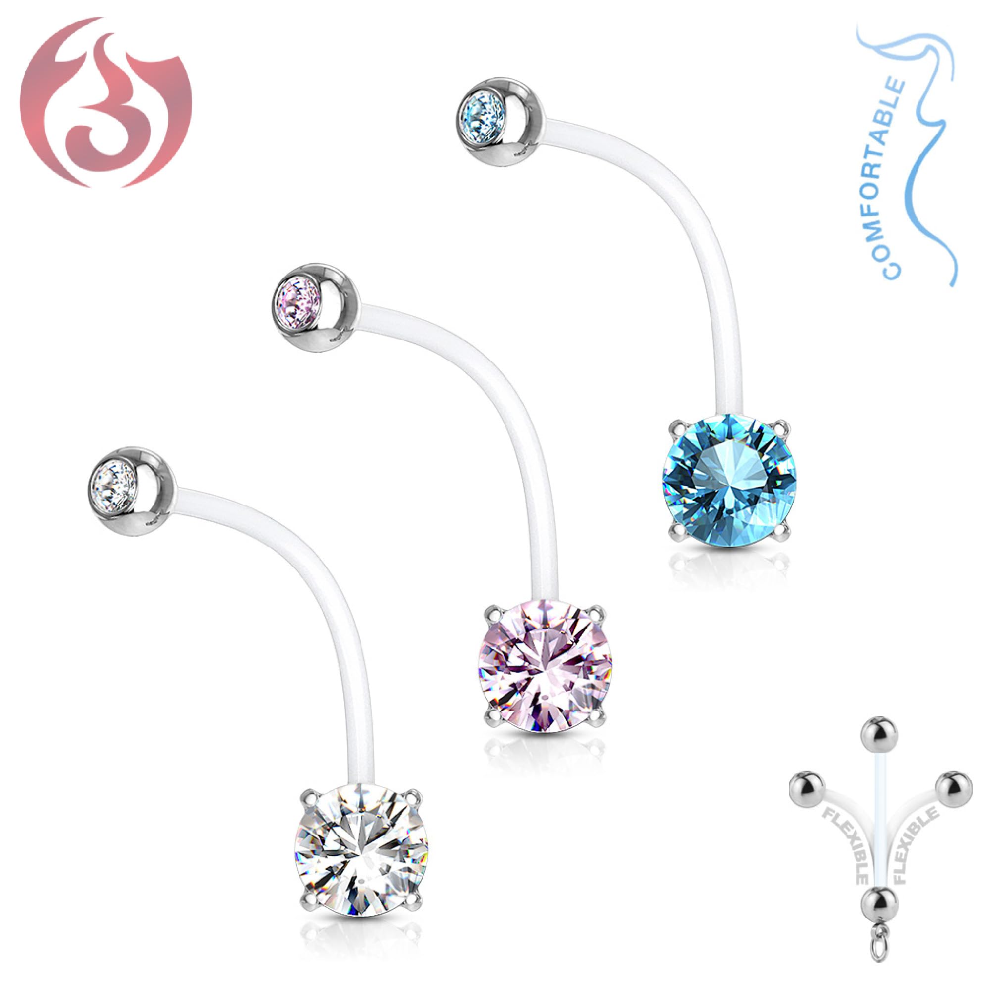 Forbidden Body Jewelry 14G 1" Pregnancy Bioflex Adjustable & Flexible Double Jeweled CZ Maternity Belly Ring, Clear/Aqua (2pc)