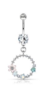 forbidden body jewelry surgical steel fancy dangle belly button ring with flower, cz and opalite detail, circle (silver)