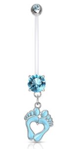 forbidden body jewelry 14g 1" pregnancy bioflex adjustable & flexible dangle baby feet cz maternity belly ring, aqua (1pc)