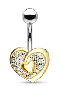 forbidden body jewelry surgical steel fancy pave cz double heart belly button ring, gold tone