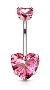 forbidden body jewelry surgical steel belly button ring with heart cz & internally threaded matching top, pink