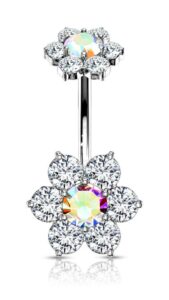 forbidden body jewelry surgical steel belly ring with cz flower design & internally threaded matching top, clr/aurora borealis