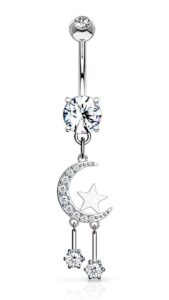 forbidden body jewelry dangly belly button piercing, belly button rings moon and sun, dangly belly button jewelry, cz cresent moon and star cute belly button piercings. silver tone