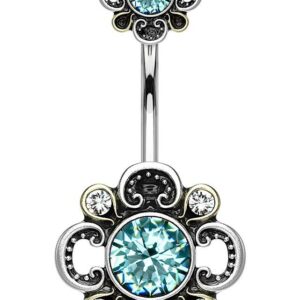 Forbidden Body Jewelry Surgical Steel Aqua CZ Centered Flower Vintage Filigree Belly Button Ring with Matching Top