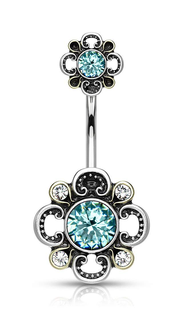 Forbidden Body Jewelry Surgical Steel Aqua CZ Centered Flower Vintage Filigree Belly Button Ring with Matching Top