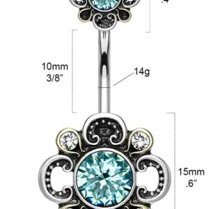 Forbidden Body Jewelry Surgical Steel Aqua CZ Centered Flower Vintage Filigree Belly Button Ring with Matching Top