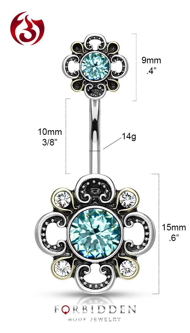 Forbidden Body Jewelry Surgical Steel Aqua CZ Centered Flower Vintage Filigree Belly Button Ring with Matching Top