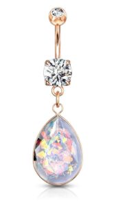 forbidden body jewelry surgical steel cz dangle belly button ring with teardrop rainbow glitter opalite, rose gold tone