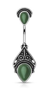 forbidden body jewelry surgical steel tribal vintage filigree belly ring, faux jade semi precious stones