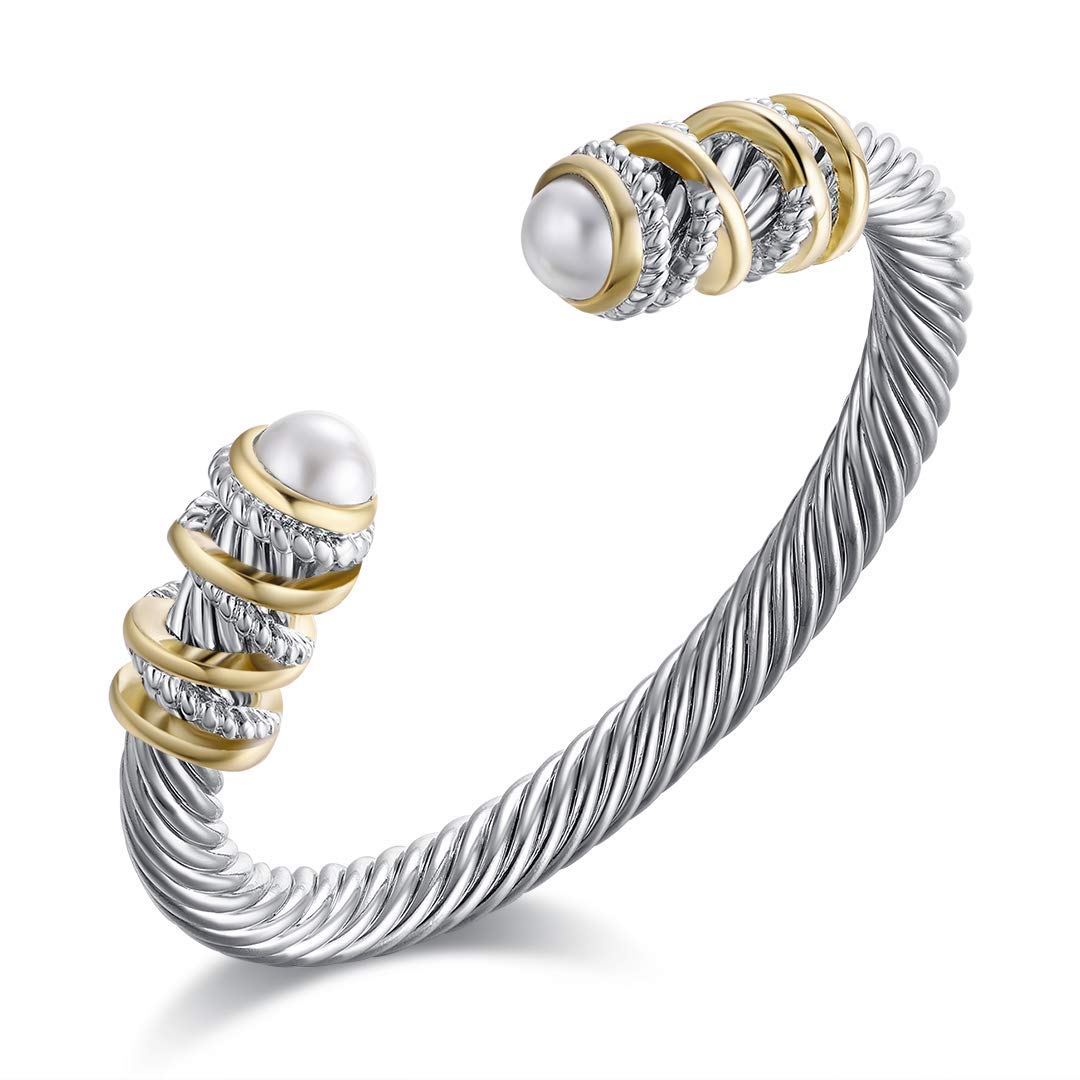 Twisted Cable Bracelet with Composite Shell Pearl 6" Antique Cuff Bracelets for Women