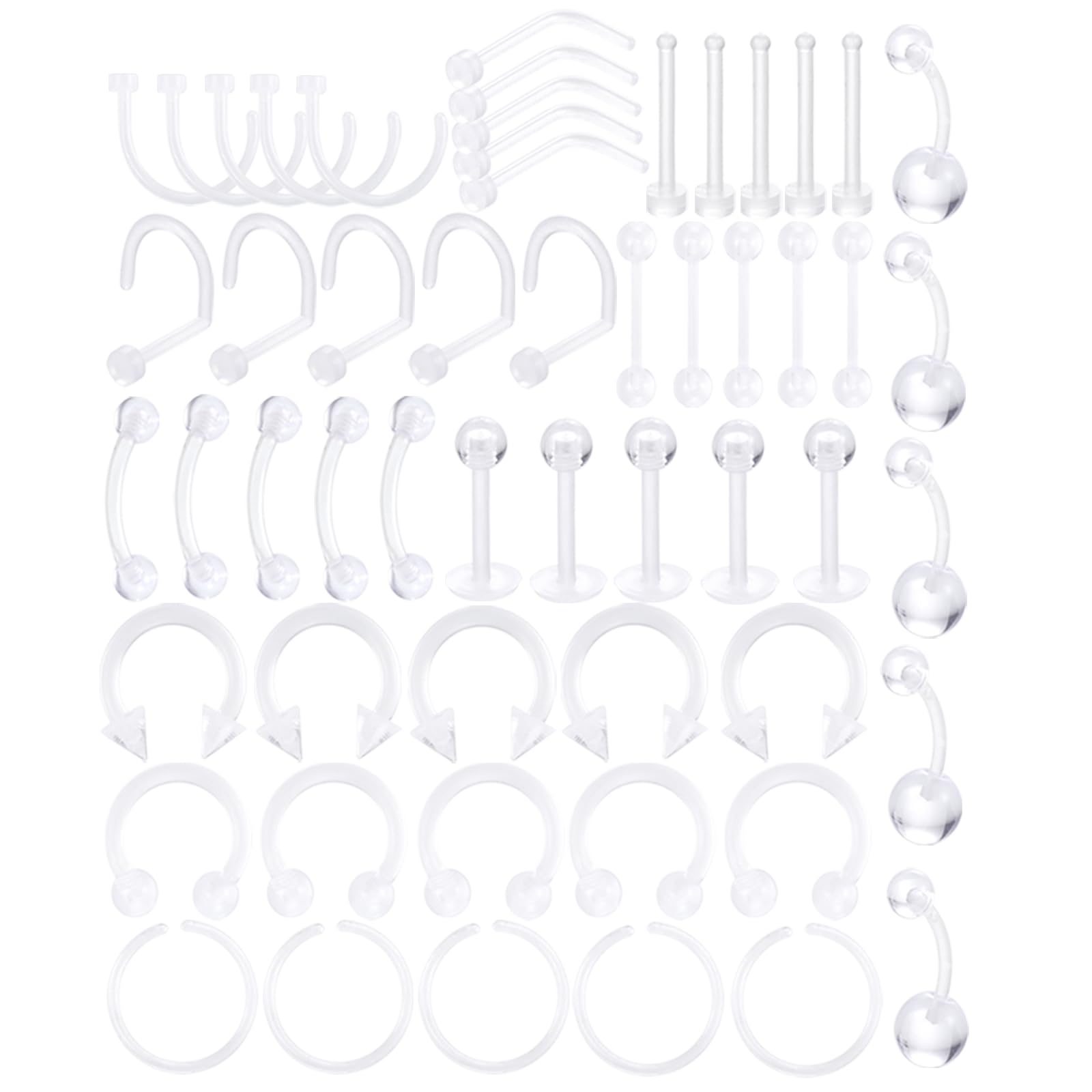 Oveta 55pcs Clear Piercing Retainers Flexible Bioflex 14G 16G 20G Navel Belly Button Ring Lip Labret Eyebrow Tongue Barbells Cartilage Tragus Earrings Retainer