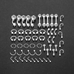 Oveta 55pcs Clear Piercing Retainers Flexible Bioflex 14G 16G 20G Navel Belly Button Ring Lip Labret Eyebrow Tongue Barbells Cartilage Tragus Earrings Retainer