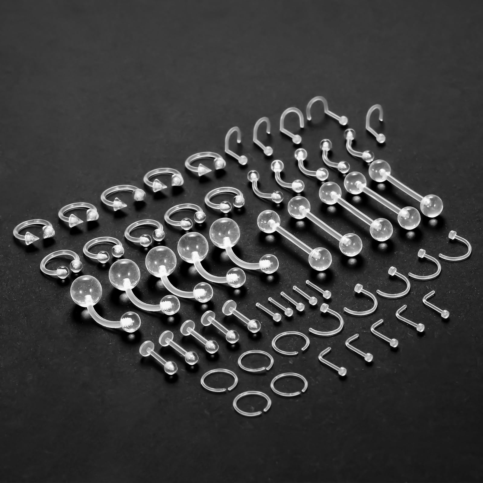 Oveta 55pcs Clear Piercing Retainers Flexible Bioflex 14G 16G 20G Navel Belly Button Ring Lip Labret Eyebrow Tongue Barbells Cartilage Tragus Earrings Retainer