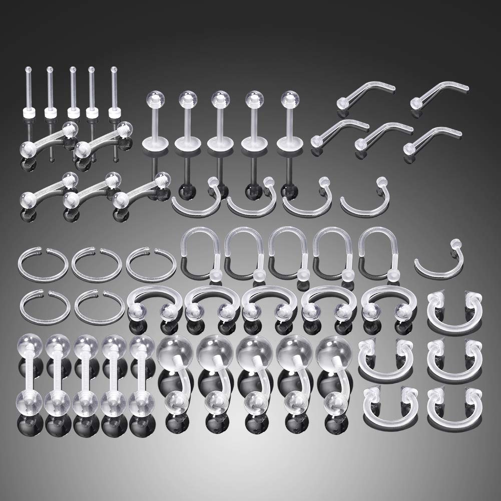 Oveta 55pcs Clear Piercing Retainers Flexible Bioflex 14G 16G 20G Navel Belly Button Ring Lip Labret Eyebrow Tongue Barbells Cartilage Tragus Earrings Retainer