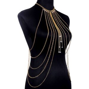 Yomiie Body Chain Layered Gold Tassels Necklace Fashion Jewelry Belly Waist Bra Hot Bikini Beach Harness Anniversary Festival Gift for Women Lady