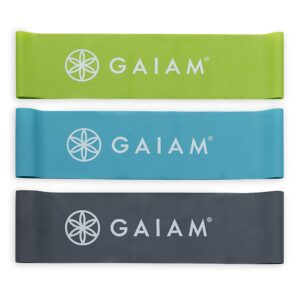 gaiam restore mini band kit, set of 3, light, medium, heavy lower body loop resistance bands for legs and booty exercises & workouts, 15" x 4" bands