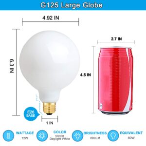 CRLight 12W Dimmable LED Large Globe Bulb 5000K Daylight White Glow, 80W Equivalent 800LM, E26 Antique Edison G125 Large Milky Pearl Glass LED Light Bulbs, Smooth Dimming