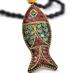 Fish Long Necklace Handmade Turquoise Wood Beads Necklace for Women Fashion Jewelry (Fish pendant)