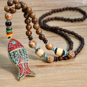 Fish Long Necklace Handmade Turquoise Wood Beads Necklace for Women Fashion Jewelry (Fish pendant)