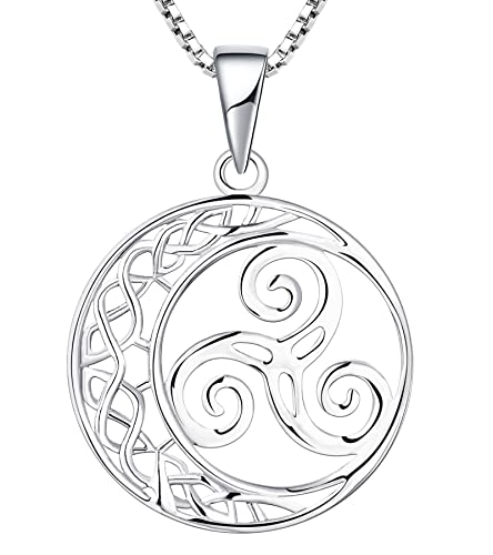 YL Celtic Knot Necklace 925 Sterling Silver Triskele Moon Pendant 18k White Gold Triskelion Jewelry for Women