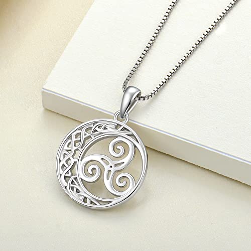 YL Celtic Knot Necklace 925 Sterling Silver Triskele Moon Pendant 18k White Gold Triskelion Jewelry for Women