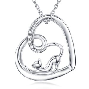 amoraime 925 sterling silver cat necklace for women heart necklace fashion cute cat pendant dainty necklace gift for festival, vacation or holiday