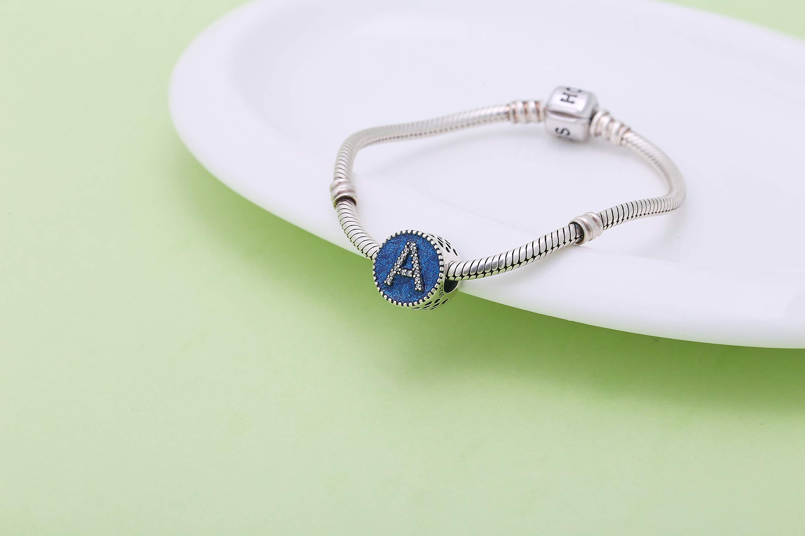 Hoobeads Christmas Letter Charms fits Pandora Bracelet 925 Sterling Silver Blue Enamel Initial A-Z Alphabet Beads (A)