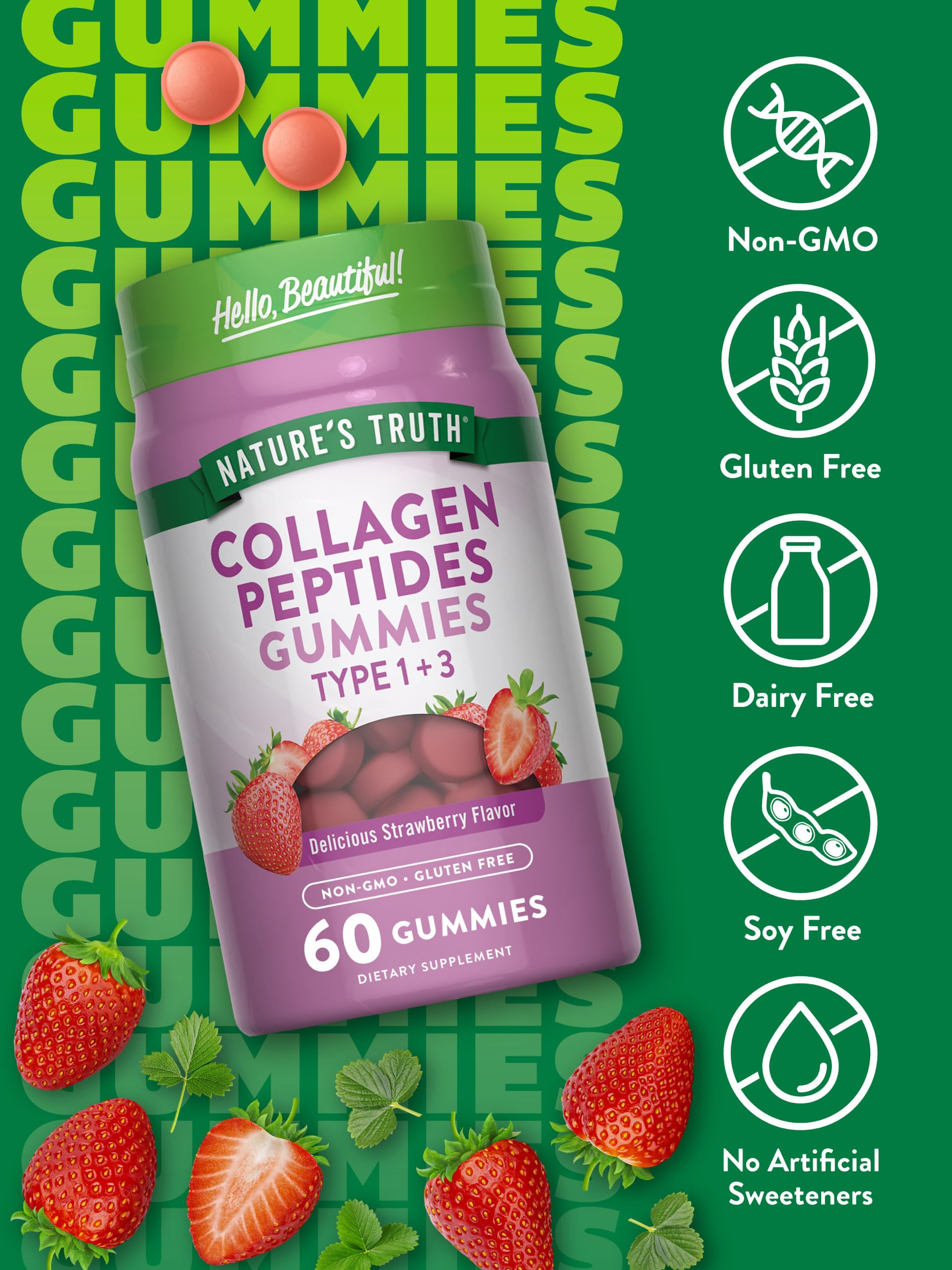 Nature's Truth Collagen Gummies for Women | 60 Count Type 1 and 3 | Strawberry Flavor | Non-GMO, Gluten Free Collagen Peptide Supplement