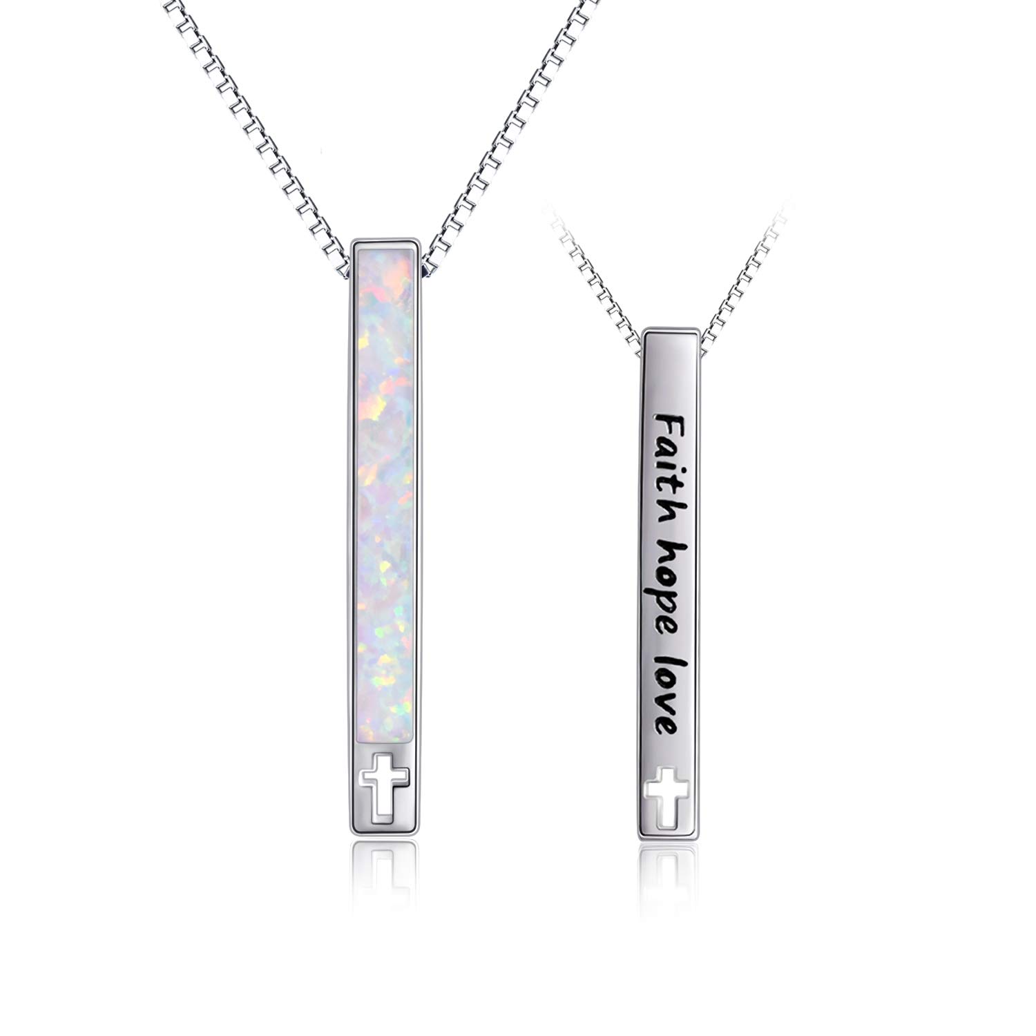 WINNICACA Vertical Bar Necklace 925 Sterling Silver White Opal Faith Necklace for Women Inspirational Jewelry for Women Her Daughter Birthday Gifts