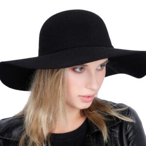 Lanzom Women Lady Retro Wide Brim Large Floppy Panama Hat Belt Wool Fedora Hat (Black 2, One Size)