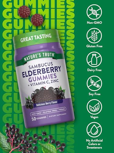 Nature's Truth Black Elderberry Gummies | 50 Vegan Gummies | with Vitamin C and Zinc | Berry Flavor | Vegan, Non-GMO, and Gluten Free Supplement