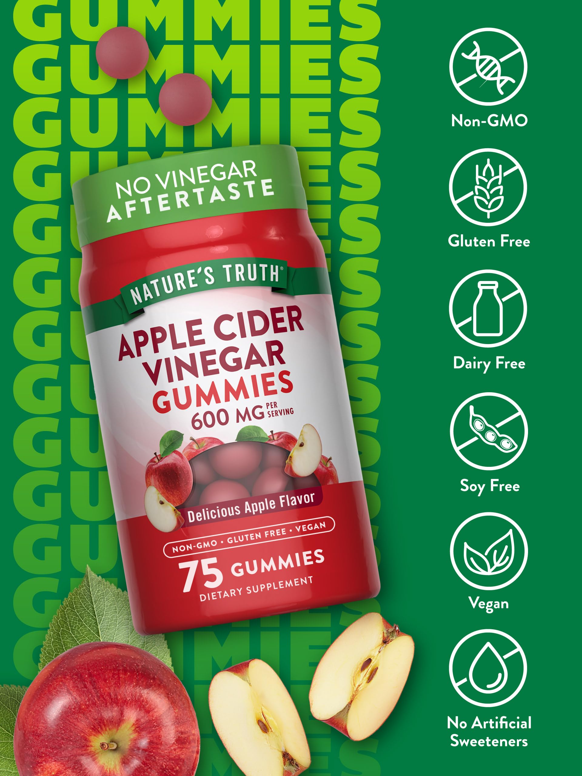 Apple Cider Vinegar Gummies | 600 mg | 75 Gummies | Apple Flavor | Vegan, Non-GMO, Gluten Free Supplement | by Nature's Truth