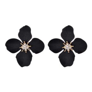 nicole miller new york black four leaf flower goldtone center crystal rhinestone stud earrings