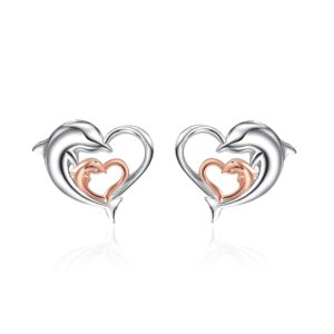 dolphin earrings gifts for women 925 sterling silver gold plated eternal love heart double dolphin stud earrings christmas gifts for women girls (rose gold dolphin earrings)