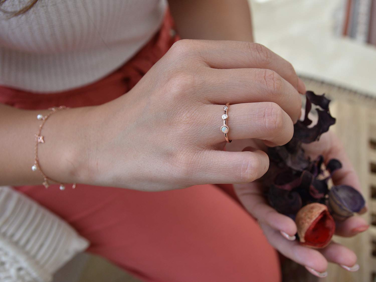 BLOSSOM & HUE Rose Gold Stacking Band - Simulated Opal Ring with CZ - Dainty 14k