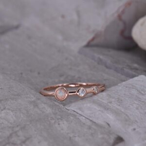 BLOSSOM & HUE Rose Gold Stacking Band - Simulated Opal Ring with CZ - Dainty 14k