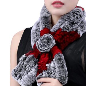 valpeak real fur scarves women winter fur neck warmer scarf cold weather rabbit knitted fuzzy fluffy (graywithred)