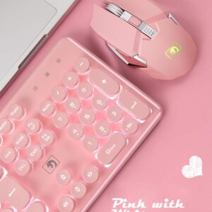 Gaming Keyboard and Mouse,Soke-Six 2.4G Wireless Retro Punk Typewriter-Style Backlit Keyboard Mice Combo,4800mAh Battery,Mechanical Feel,Anti-ghosting,Crystal Panel Round Keycaps (Pink+White Light)