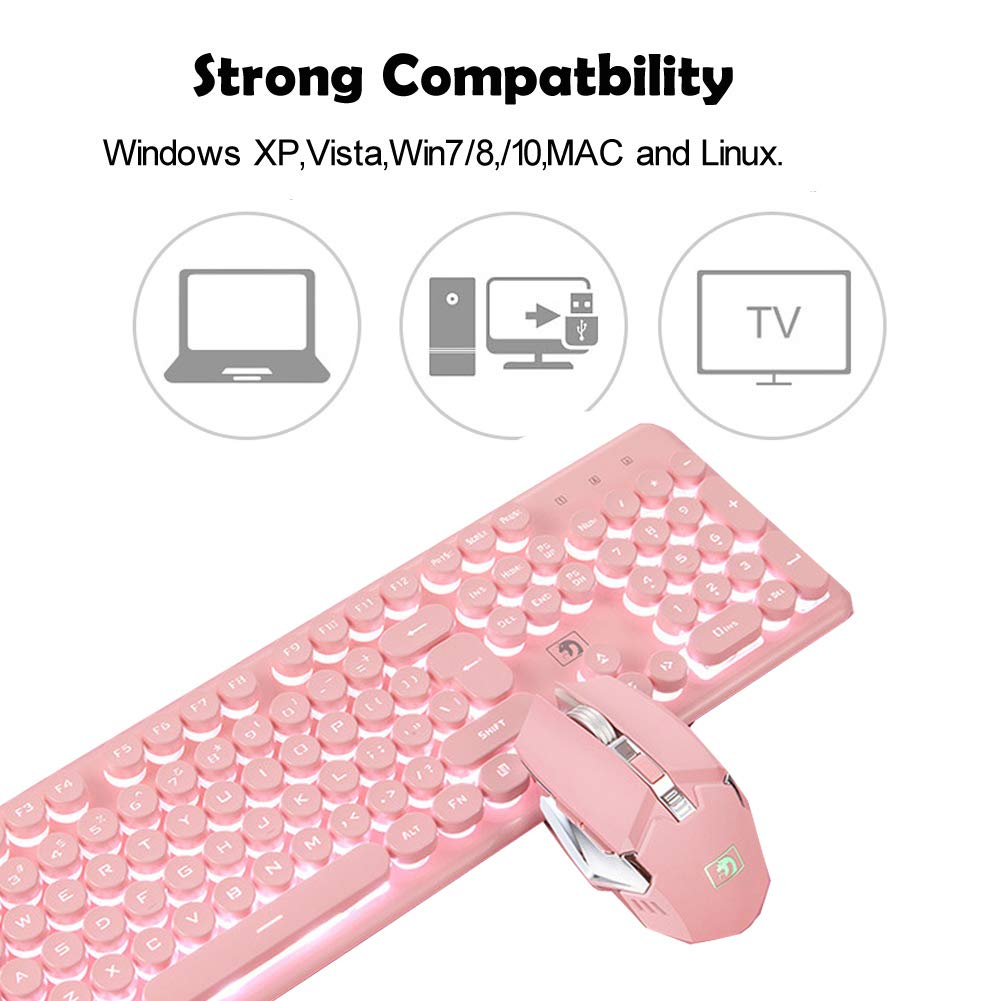 Gaming Keyboard and Mouse,Soke-Six 2.4G Wireless Retro Punk Typewriter-Style Backlit Keyboard Mice Combo,4800mAh Battery,Mechanical Feel,Anti-ghosting,Crystal Panel Round Keycaps (Pink+White Light)