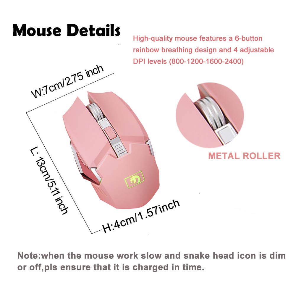 Gaming Keyboard and Mouse,Soke-Six 2.4G Wireless Retro Punk Typewriter-Style Backlit Keyboard Mice Combo,4800mAh Battery,Mechanical Feel,Anti-ghosting,Crystal Panel Round Keycaps (Pink+White Light)