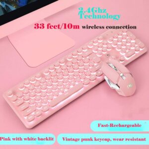 Gaming Keyboard and Mouse,Soke-Six 2.4G Wireless Retro Punk Typewriter-Style Backlit Keyboard Mice Combo,4800mAh Battery,Mechanical Feel,Anti-ghosting,Crystal Panel Round Keycaps (Pink+White Light)