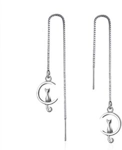 white gold plated long tassel chain sweet cat on moon dangle drop threader earrings for women