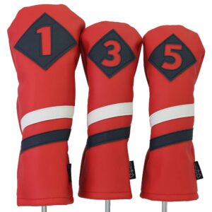 majek retro golf headcovers red with white and blue stripe vintage leather style 1 3 5 driver and fairway head covers fits 460cc drivers classic look