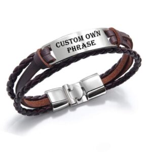 JUPPE Custom Leather Bracelet, Personalized Engraved Stainless Steel Bar Bracelet Bangle Gifts For Men Women Husband (Custom order)