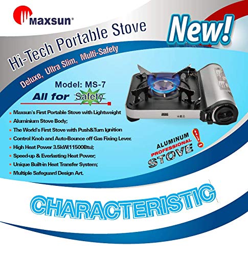 Maxsun Portable Gas Stove MS-7 (Silver) 11,500 BTU, Extreme High Power, Camp Stove, w/Carrying Case