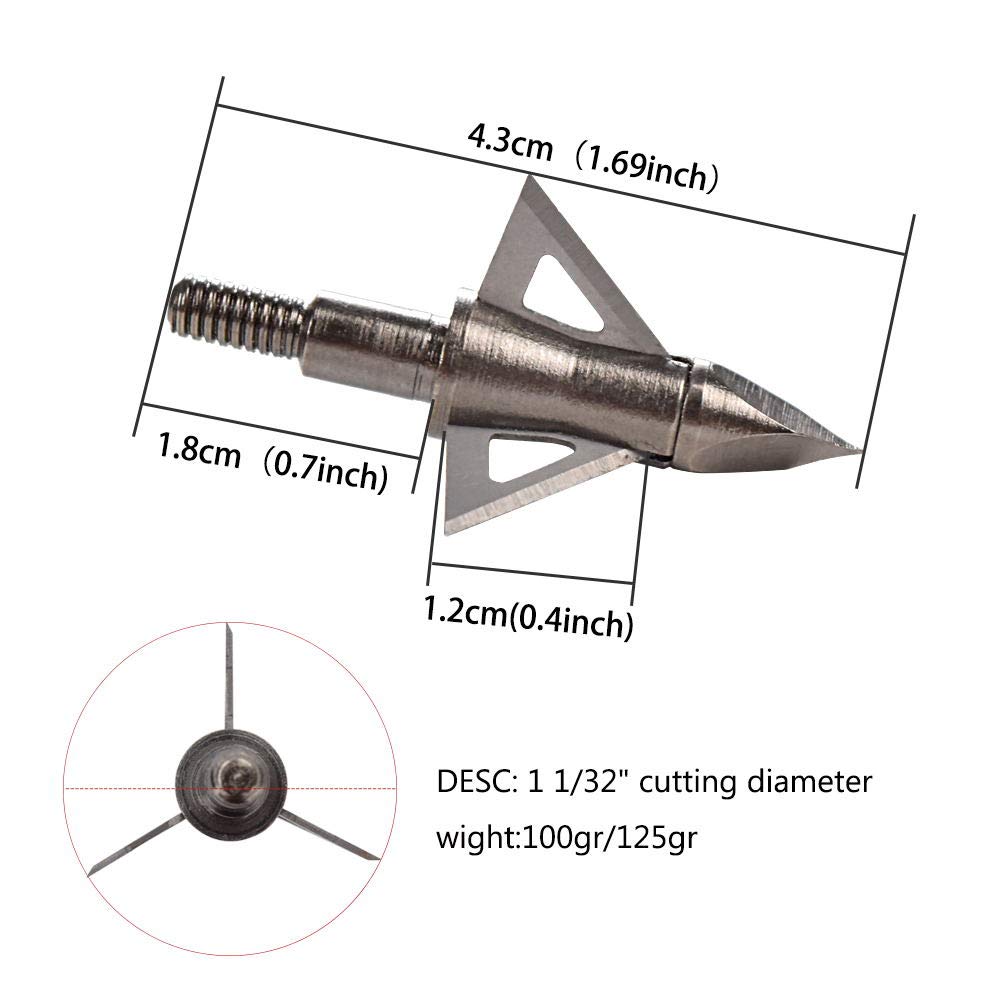 Bowhunting 100 Grain, 3 Blade Broadhead Steel Tips for Archery Crossbow Bolts Arrows, 1" Cutting Diameter, 12 Pack